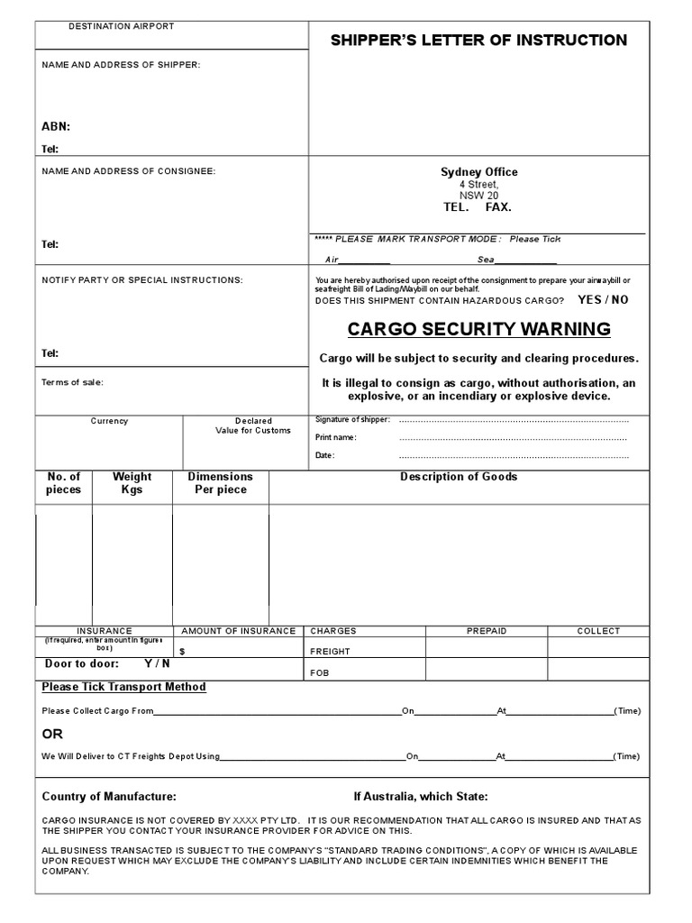 Shippers Letter of Instruction | PDF | Cargo | Bill Of Lading
