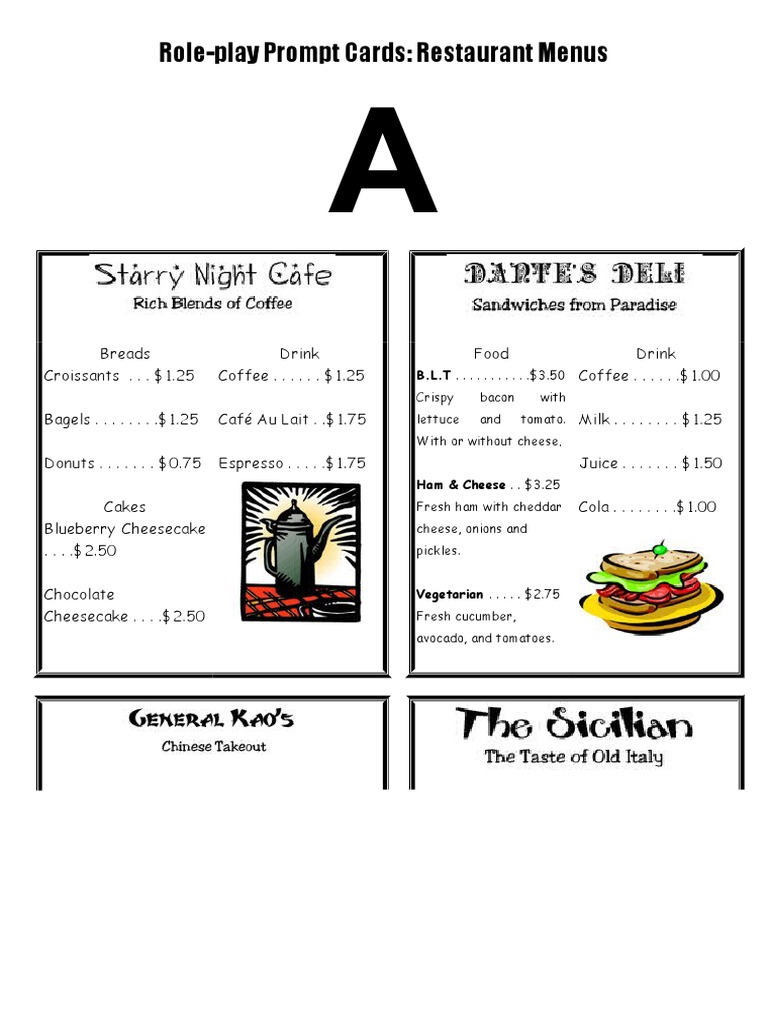 Role-Play Prompt Cards: Restaurant Menus: Crispy Bacon With Lettuce and ...