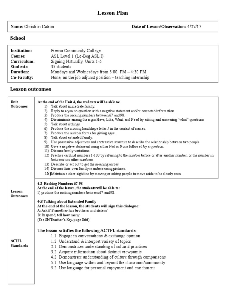 ASL Lesson Plan: Rocking Numbers & Family | PDF | Hearing Loss ...