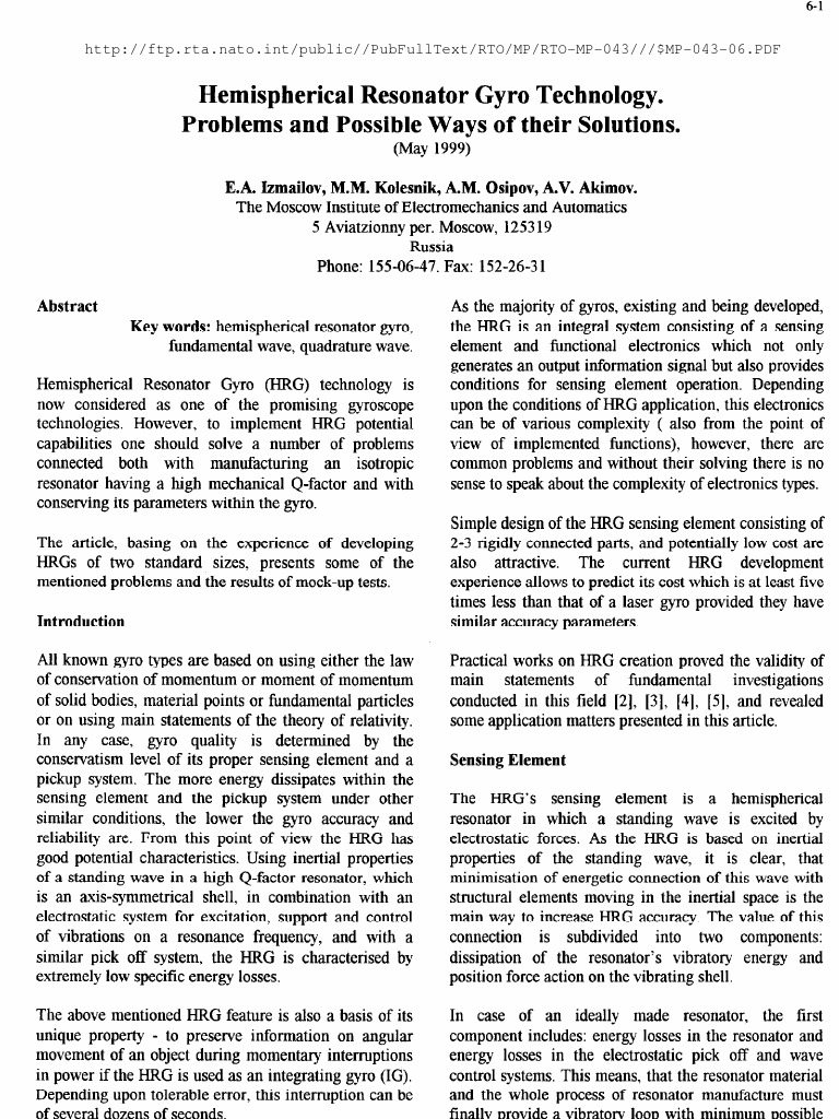 Hemispherical Resonator Gyro (Akimov $MP-043-06) | PDF | Gyroscope ...