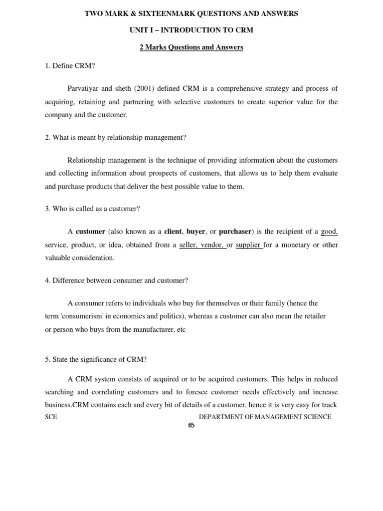 Unit 1 and 2 Questions and Answers | PDF | Customer Relationship ...