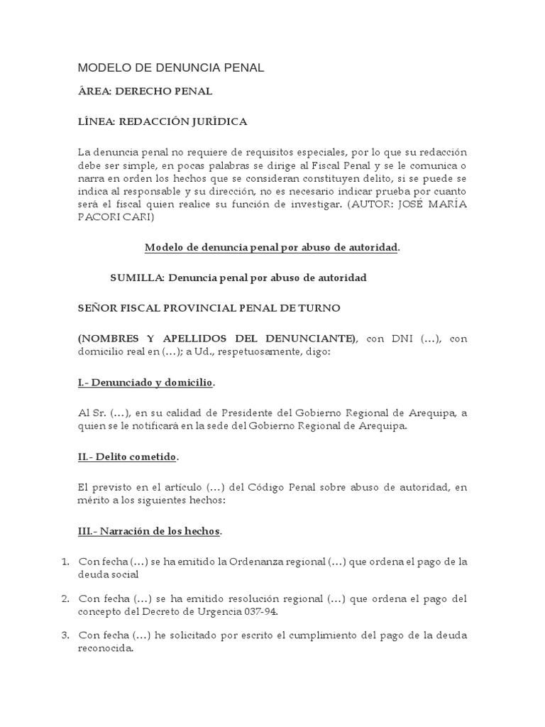 Modelo de Denuncia Penal | Derecho penal | Instituciones sociales
