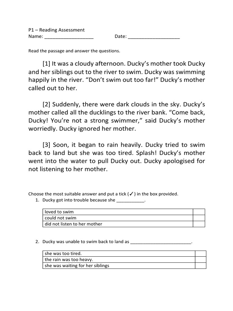 P1 Reading Comprehension Assessment | PDF | Language Arts & Discipline