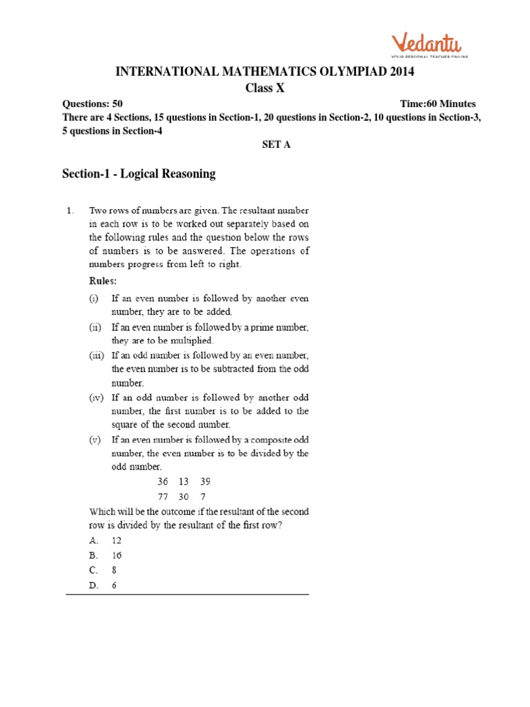 International Mathematics Olympiad 2014 Question Paper Class10 | PDF ...