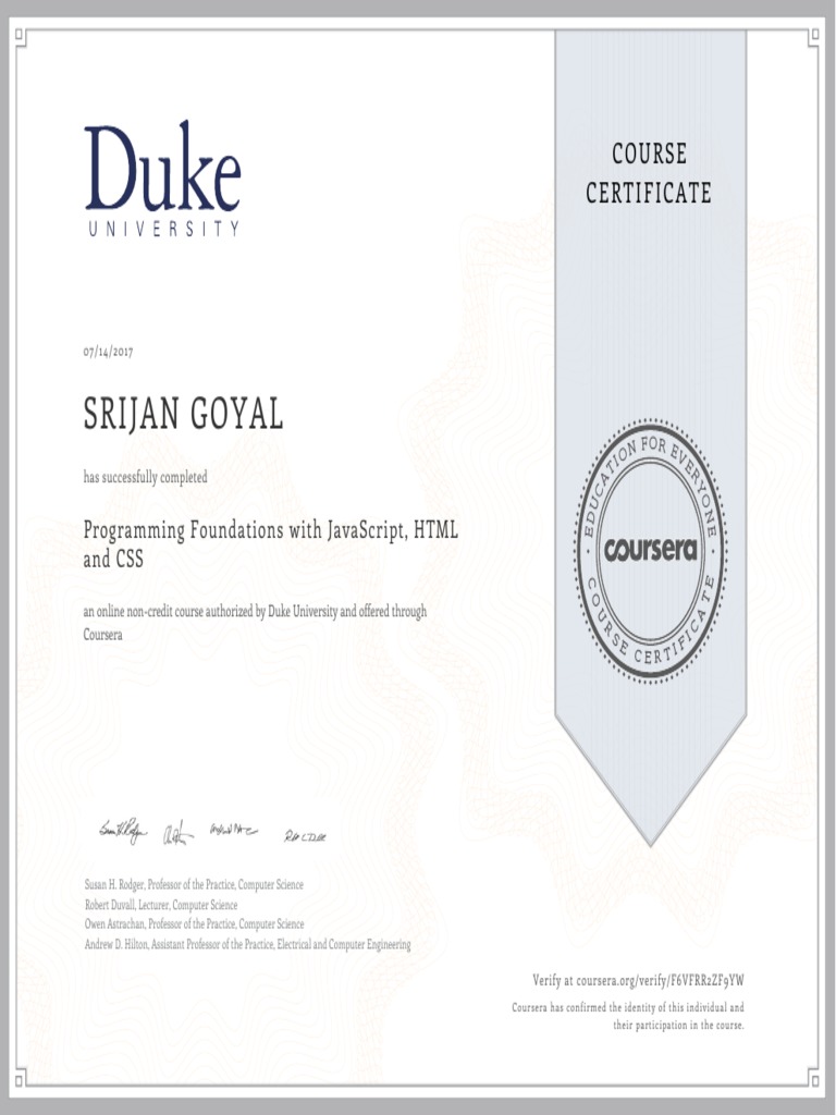 Certificate JS, HTML, Css (Duke) | PDF | Web Development | Software