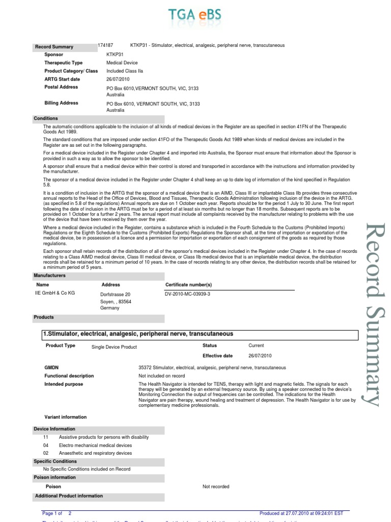 ARTG Summary For Health Navigator | PDF | Medical Device | Clinical ...