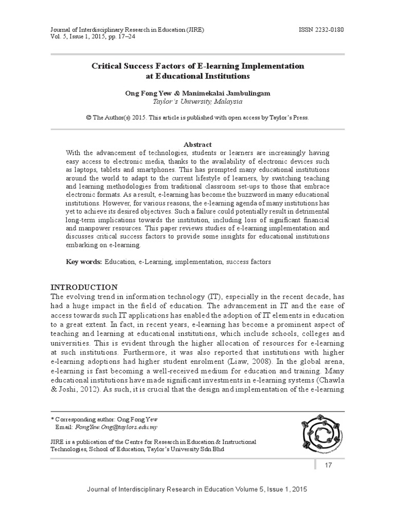 Critical Success Factors of E-Learning Implementation at Educational Institutions | PDF ...