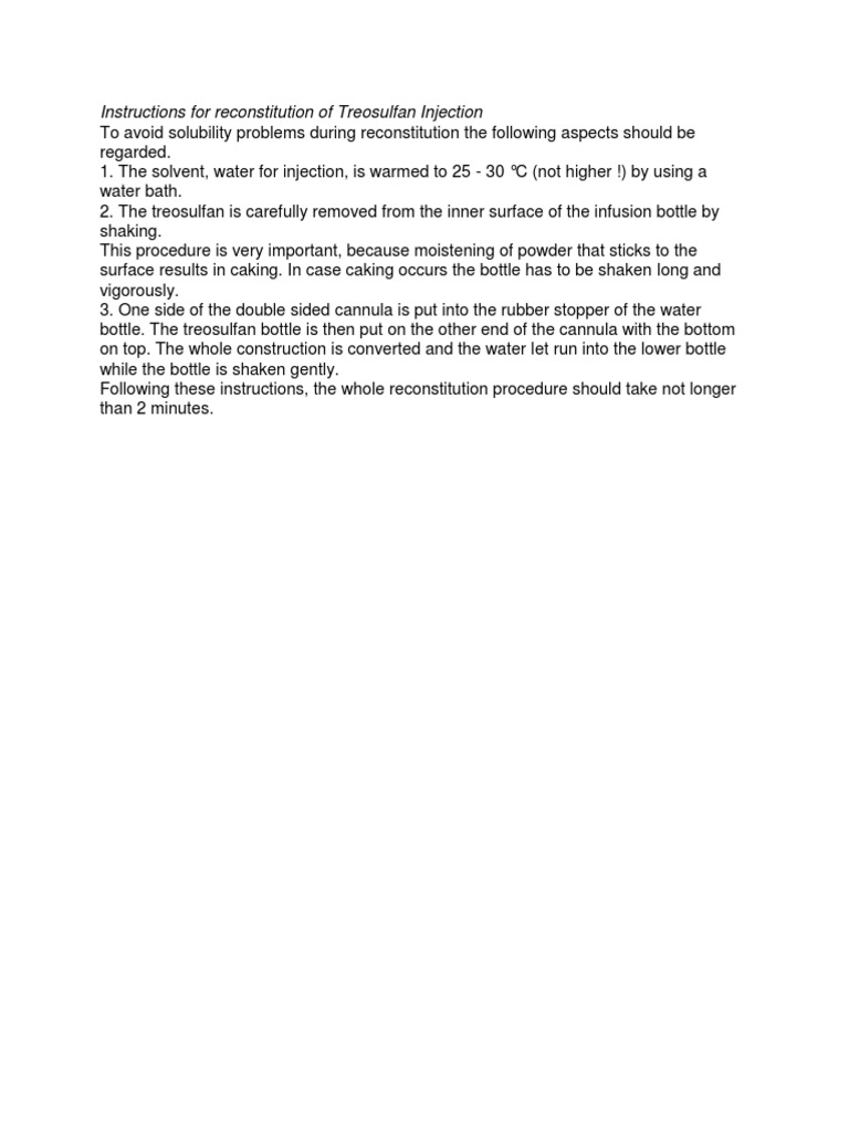 Instructions For Reconstitution of Treosulfan Injection | PDF
