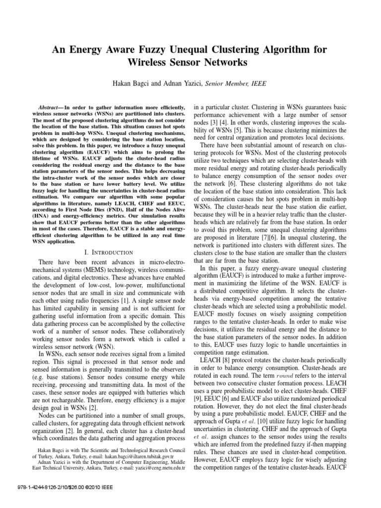 An Energy Aware Fuzzy Unequal Clustering Algorithm For Wireless Sensor Networks | PDF | Wireless ...