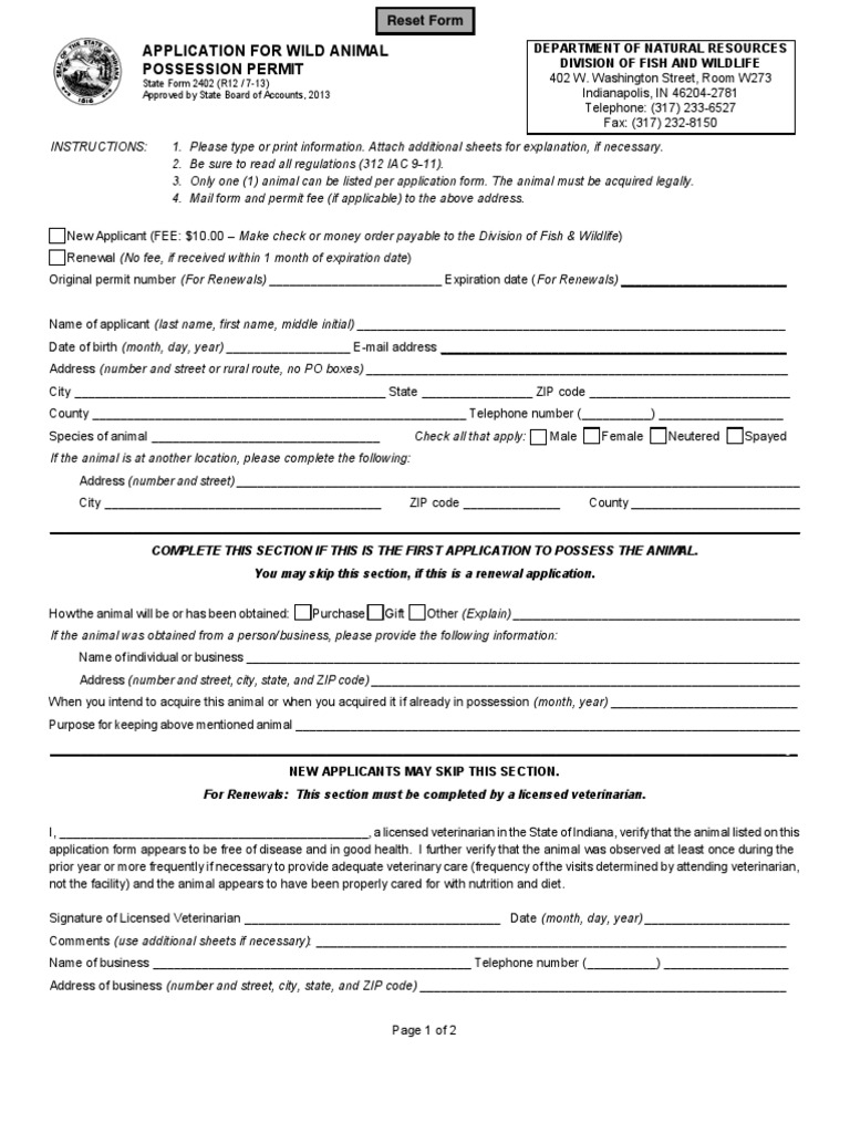 Application For Wild Animal Possession Permit: Department of Natural ...