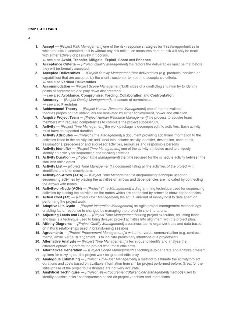 PMP Flash Card | PDF | Risk Management | Project Management
