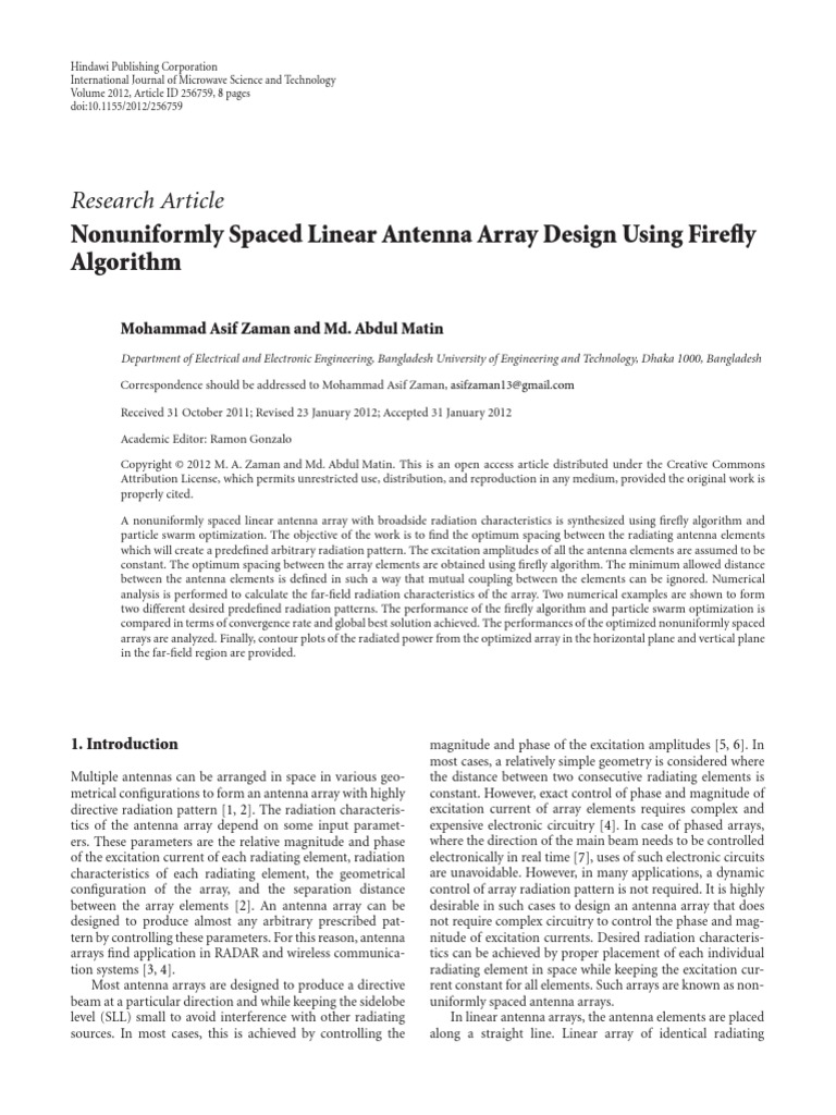 Research Article: Nonuniformly Spaced Linear Antenna Array Design Using Firefly Algorithm | PDF ...