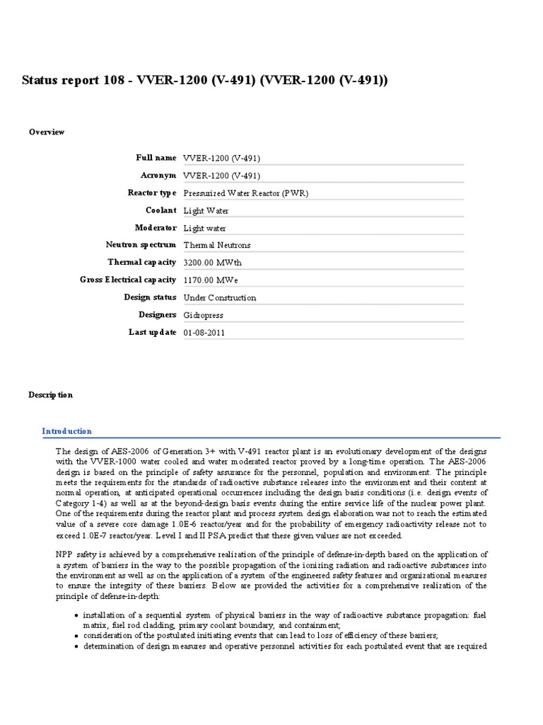 VVER-1200 (V-491) Reactor Overview | PDF | Nuclear Power Plant ...