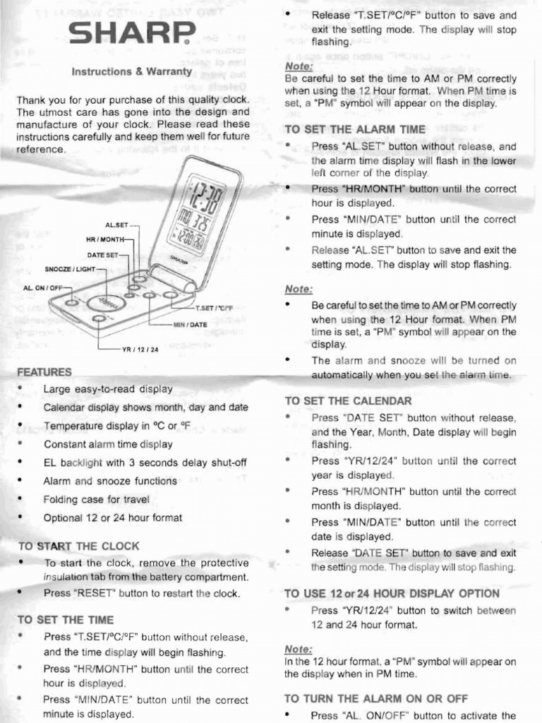 Sharp Alarm Clock Setup Instructions | PDF | Fahrenheit