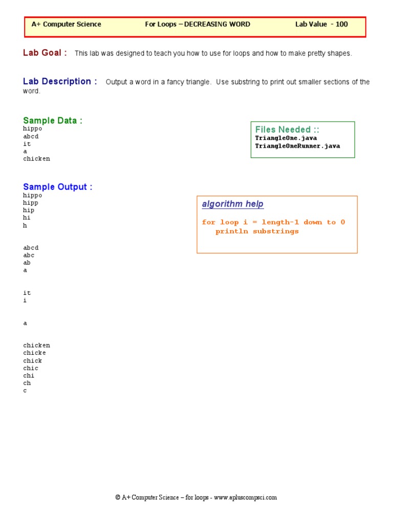 4.for Loops DecreasingWord Lab Java Aplus | PDF