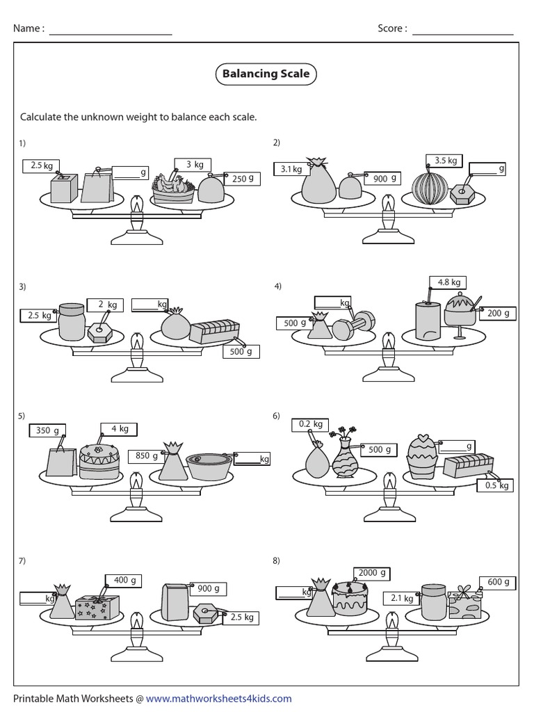 Math Worksheets: Balance the Scales | PDF | Mass | Physical Quantities