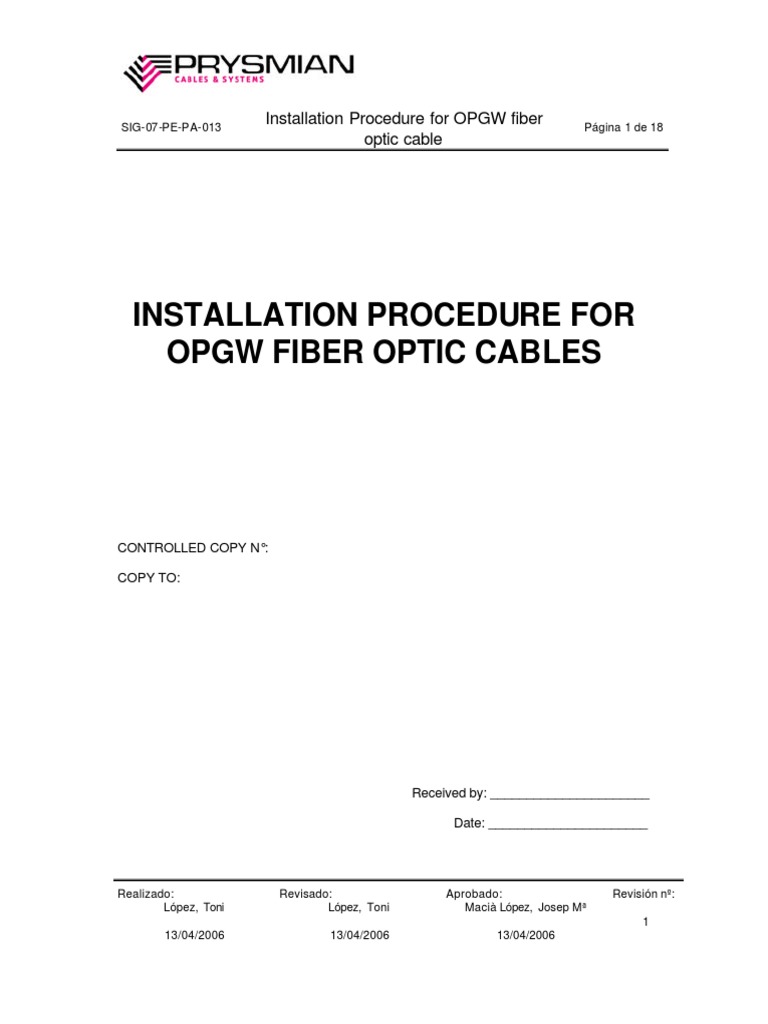 PRYSMIAN OPGW Installation | Download Free PDF | Optical Fiber | Cable