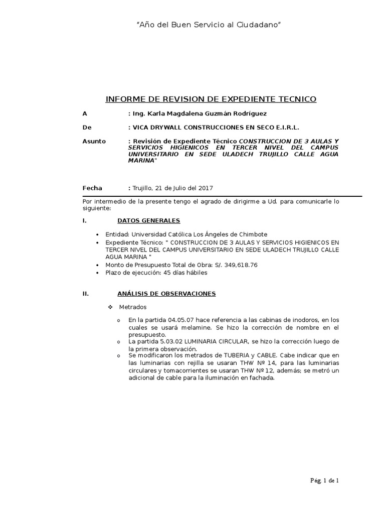 Informe de Revision de Expediente Tecnico | PDF