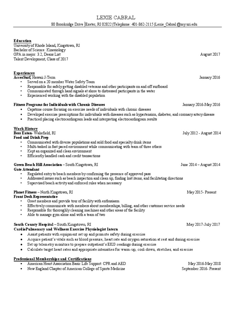 Lexie Cabral Resume | PDF | Physical Exercise | Physical Fitness