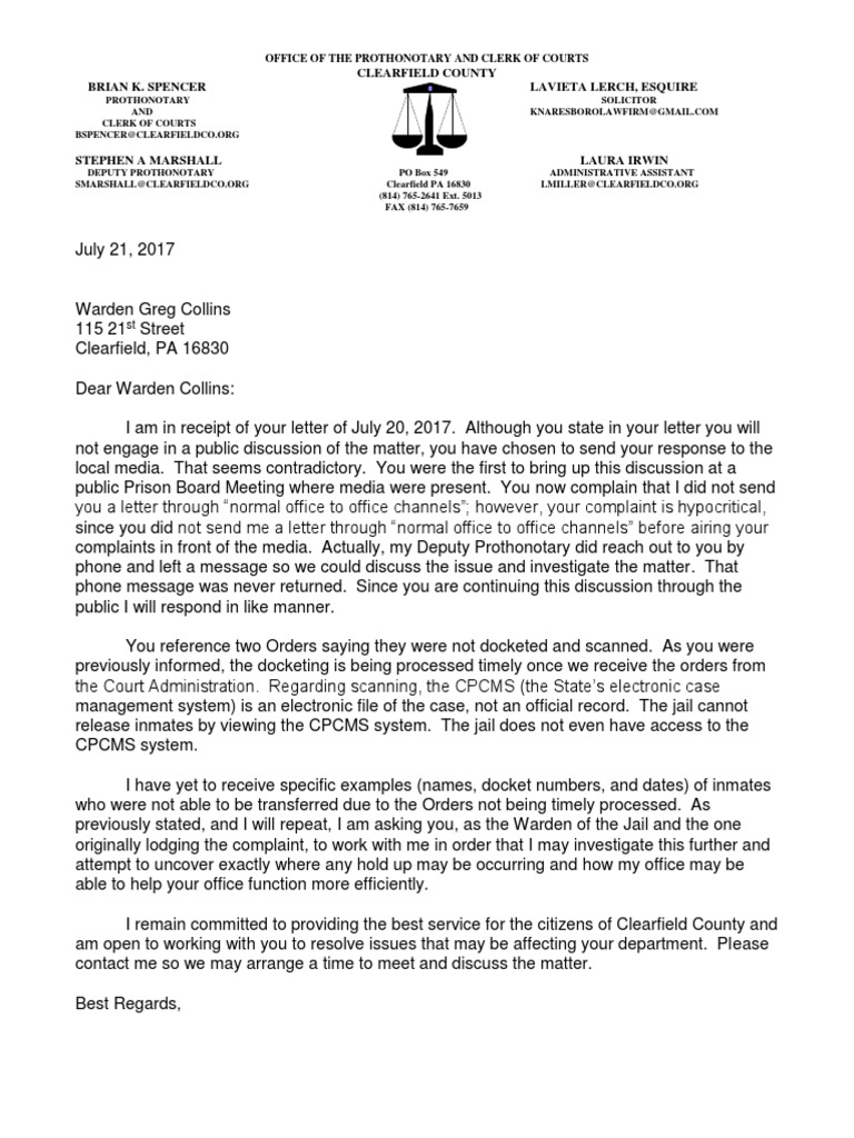 Clearfield County Prothonotary Response | PDF | Prison | Government