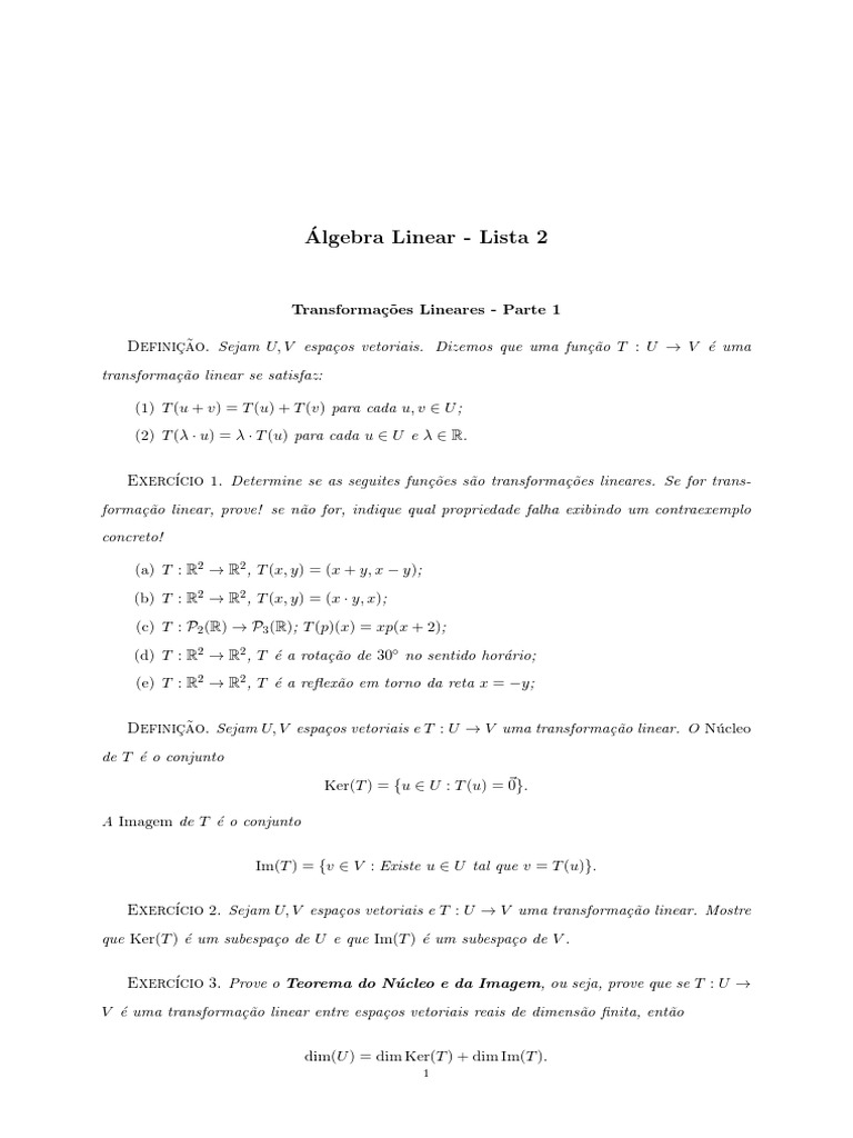 Lista 2 - Álgebra Linear (Noturno) | PDF
