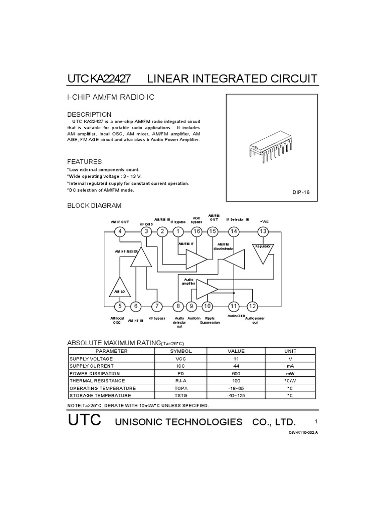UTC KA22427 Datasheet | PDF | Amplifier | Frequency Modulation