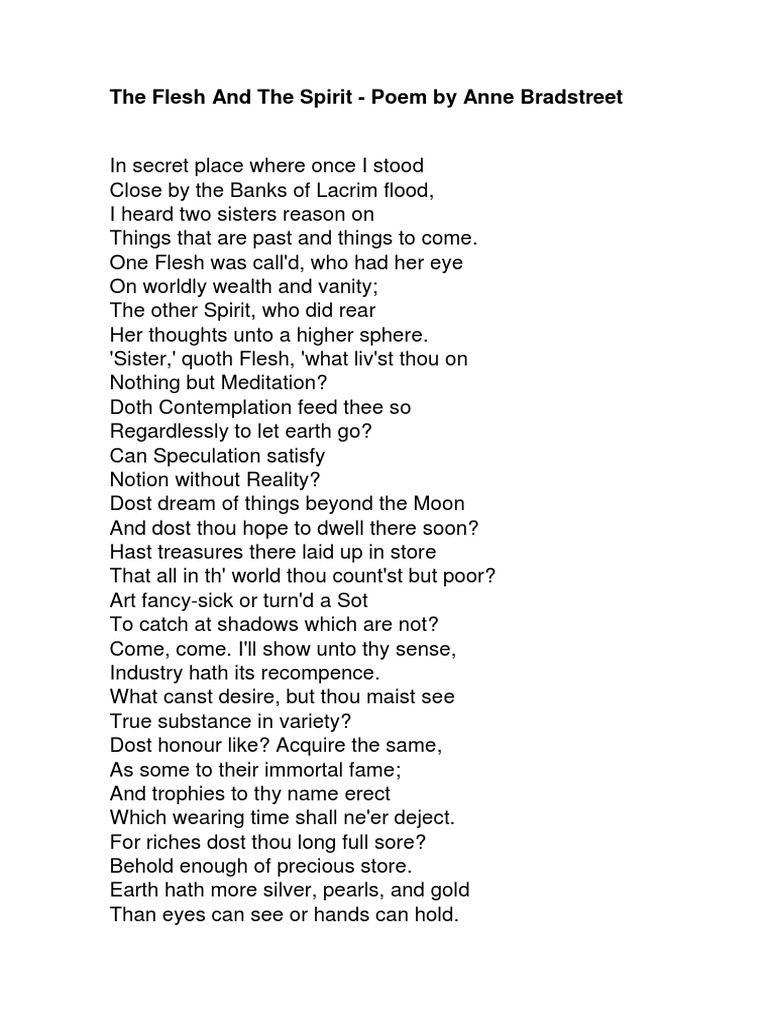 Anne Bradstreet's "The Flesh and Spirit" Poem | PDF | Thou | Religion ...