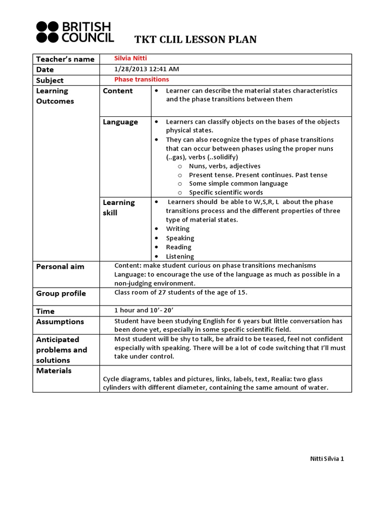 CLIL Lesson Plan On Phase Transitions | PDF | Lesson Plan | Vocabulary