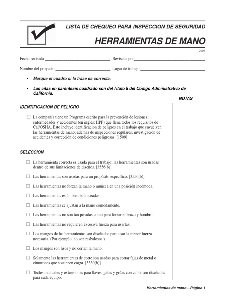 Walk Around Checklist - Hand Tools - Spanish | PDF | Herramientas | Equipo