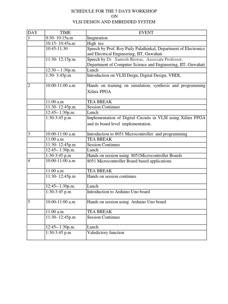 Schedule For The 5 Days Workshop | PDF