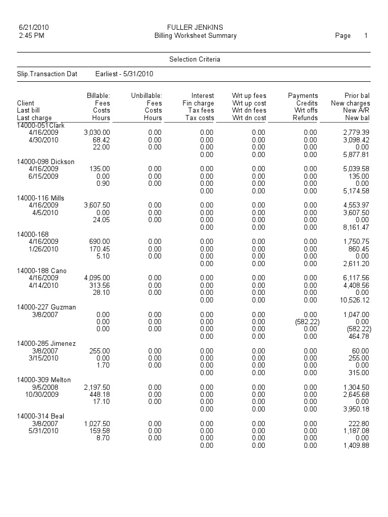 Billing Worksheet Sum 5-31-2010 | PDF