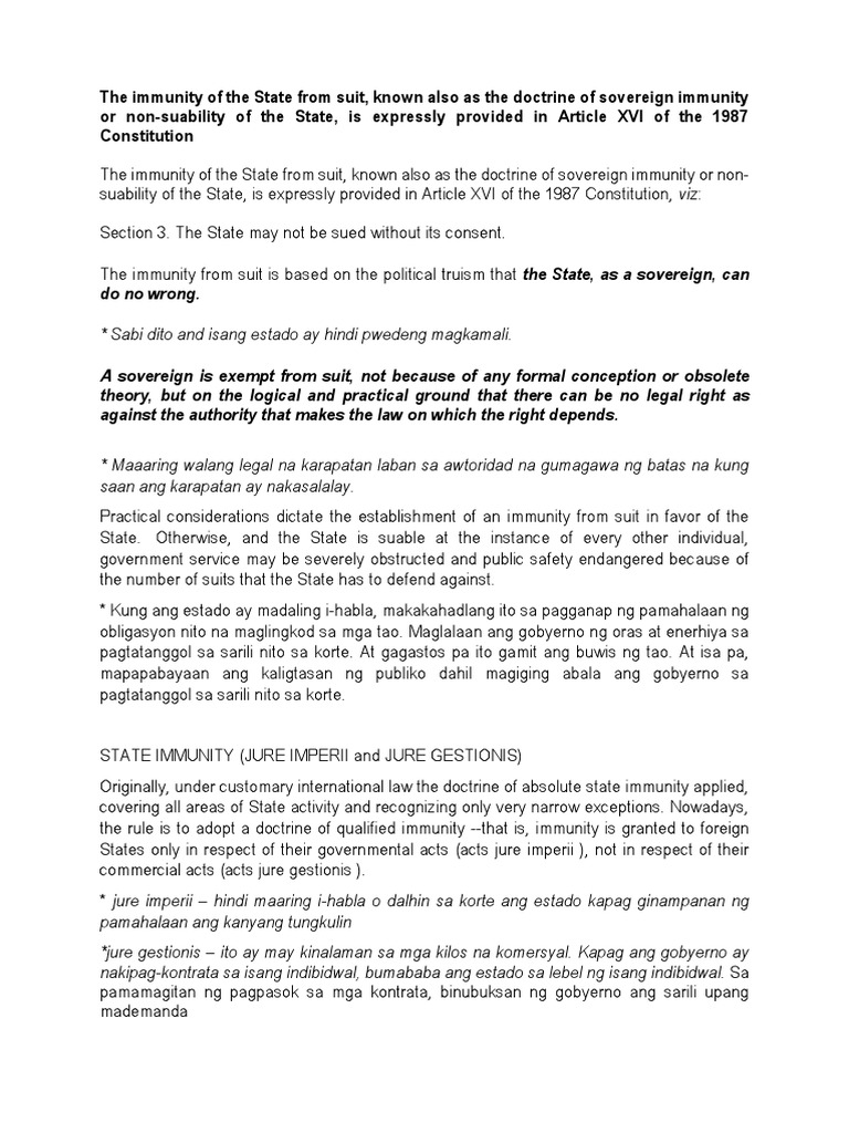 State Immunity Under 1987 Constitution | PDF | Sovereign Immunity ...