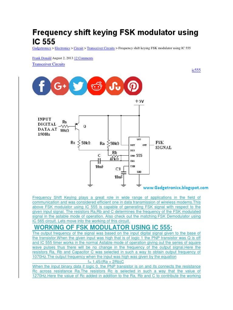 Frequency Shift Keying FSK Modulator Using IC 555 | PDF | Electronic ...