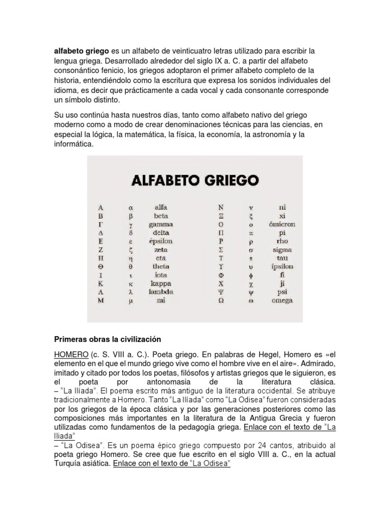 Historia y uso del alfabeto griego | PDF | Alfabeto griego | Homero