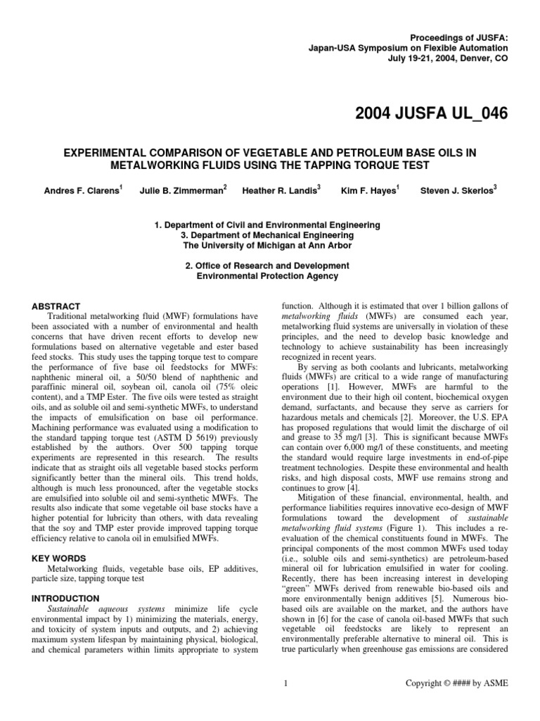 Experimental Comparison of Vegetable and Petroleum Base Oils ...
