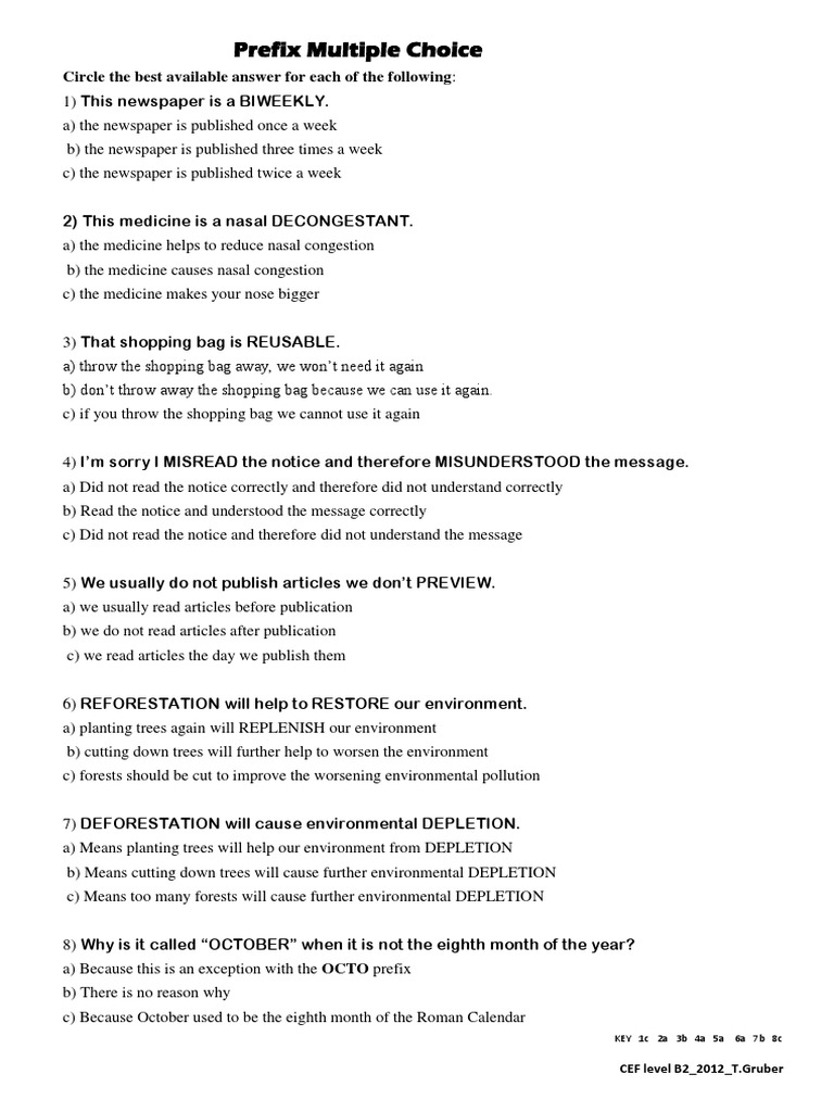 Prefix Multiple Choice B 2 | PDF