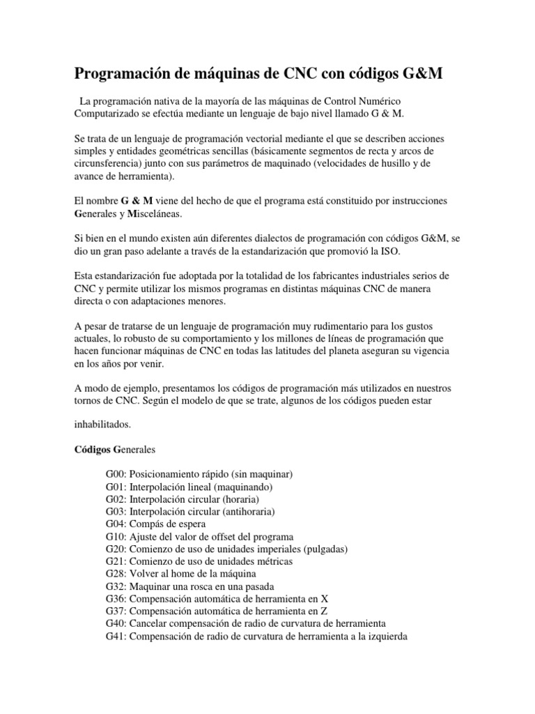Programación de Máquinas de CNC Con Códigos G y M | PDF | Control ...