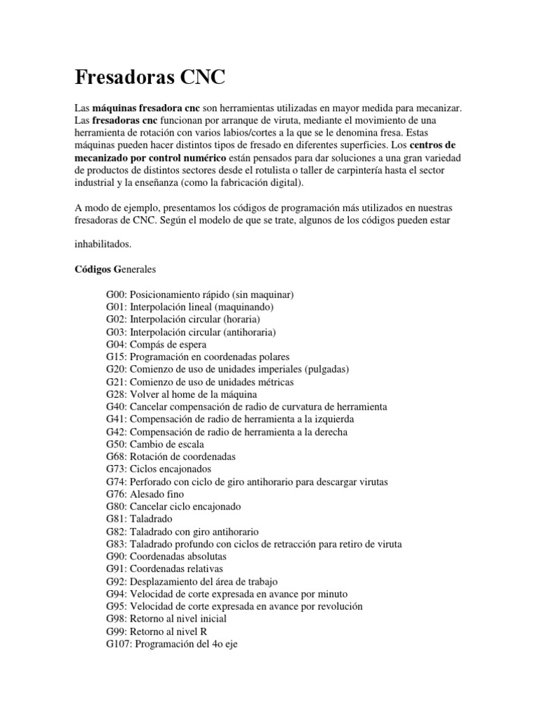 Fresadoras CNC codigos G y M | Control numerico | Perforar