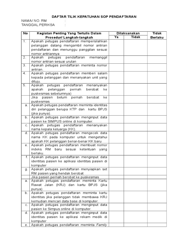 Daftar Tilik Kepatuhan Sop Pendaftaran | PDF