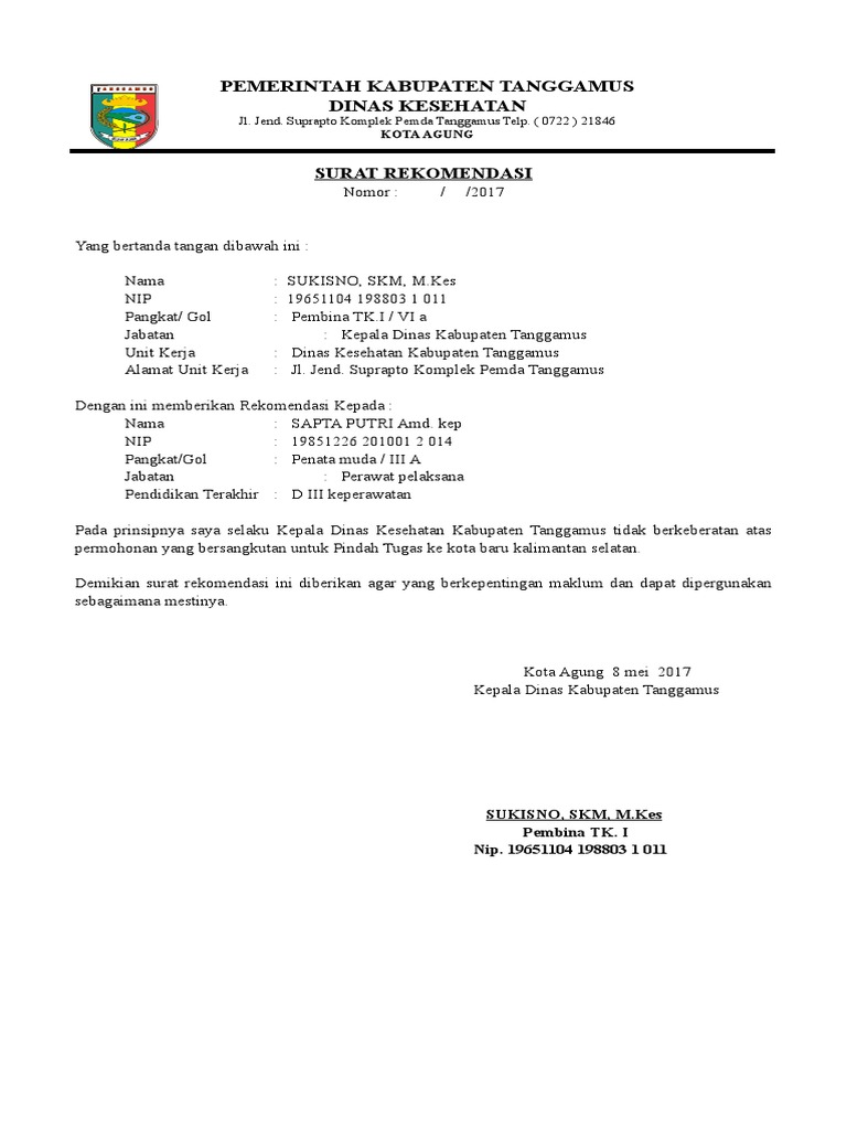 Surat Rekomendasi PINDAH Mbak Sapta | PDF