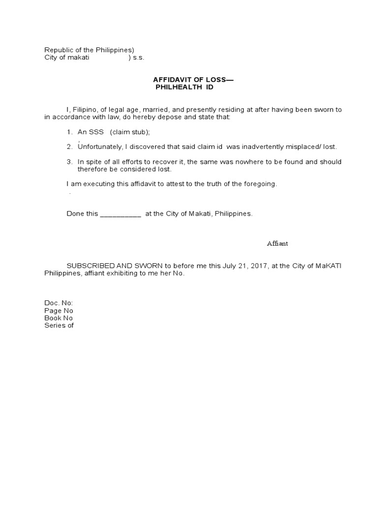 PHILHEALTH ID Affidavit of Loss Receipt Stub | PDF