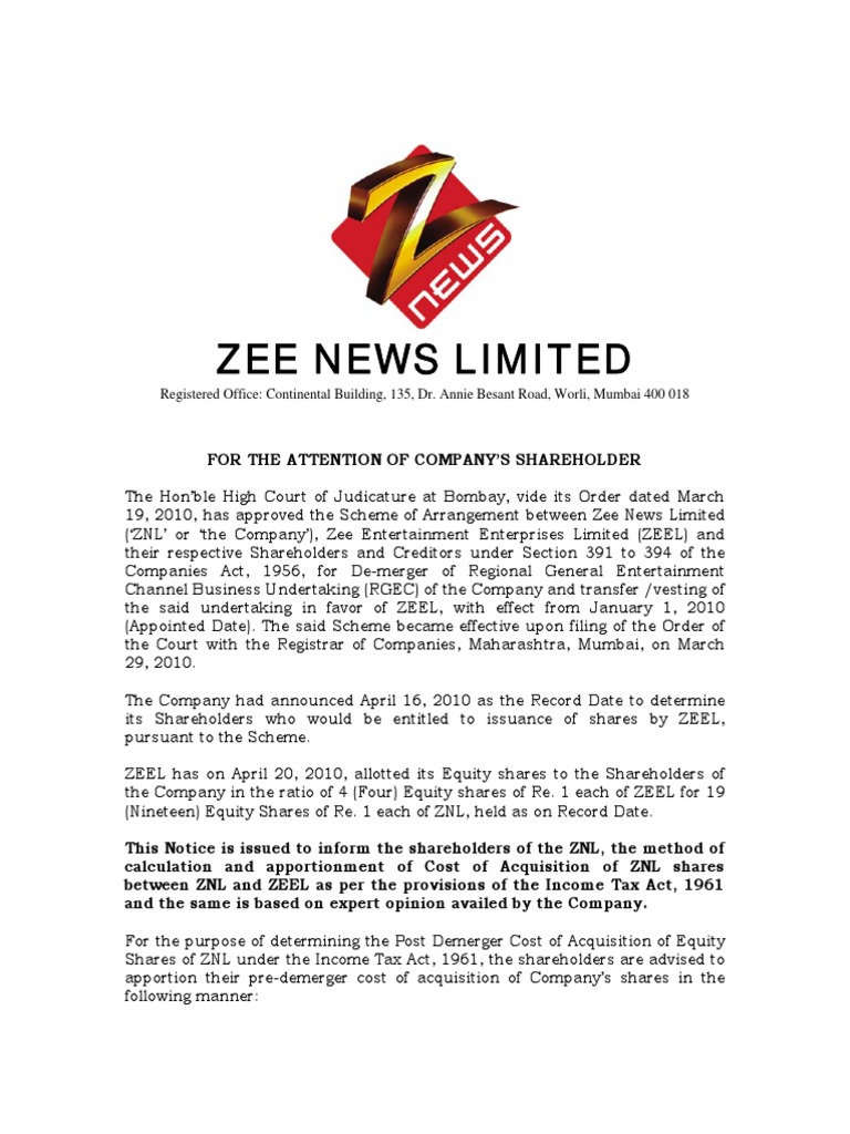 Zee News Limited: Registered Office: Continental Building, 135, Dr ...