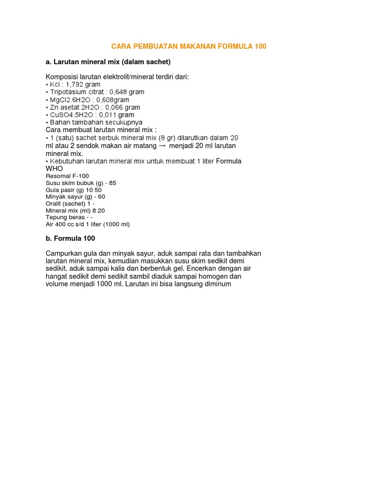 Cara Pembuatan Formula F 100 Utk Pasien Gizi Buruk | PDF