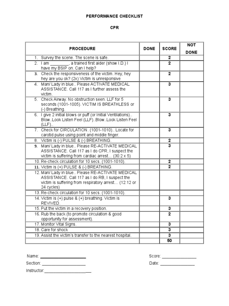 Performance Checklist CPR | Download Free PDF | Cardiopulmonary ...