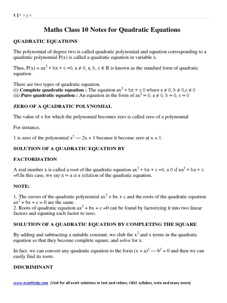 Maths Notes For Class 10 Chapter 4 Quadratic Equations | PDF ...