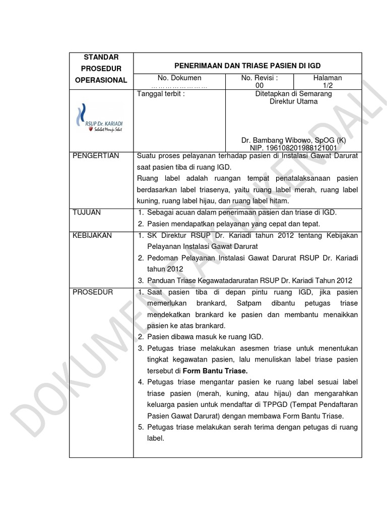 ACC 1.1. SPO Penerimaan Dan Triase Pasien Di IGD Edit | PDF