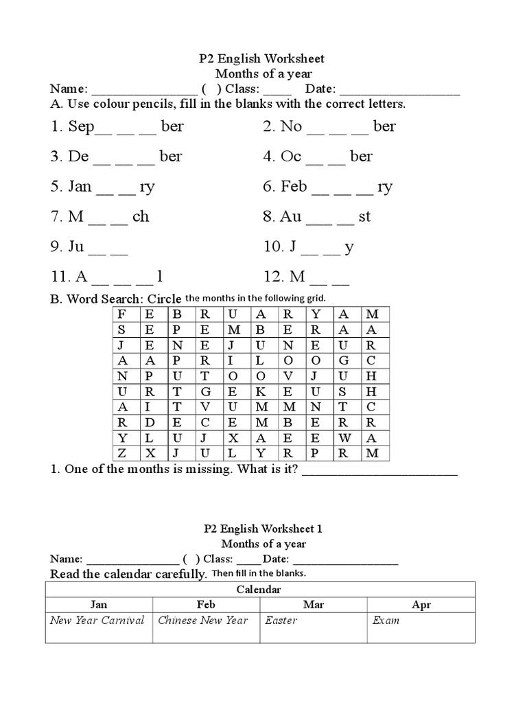 Month Worksheet | PDF | Observances