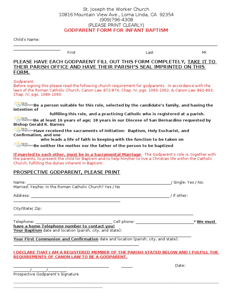 Godparent Form for Infant Baptism | PDF | Godparent | Baptism
