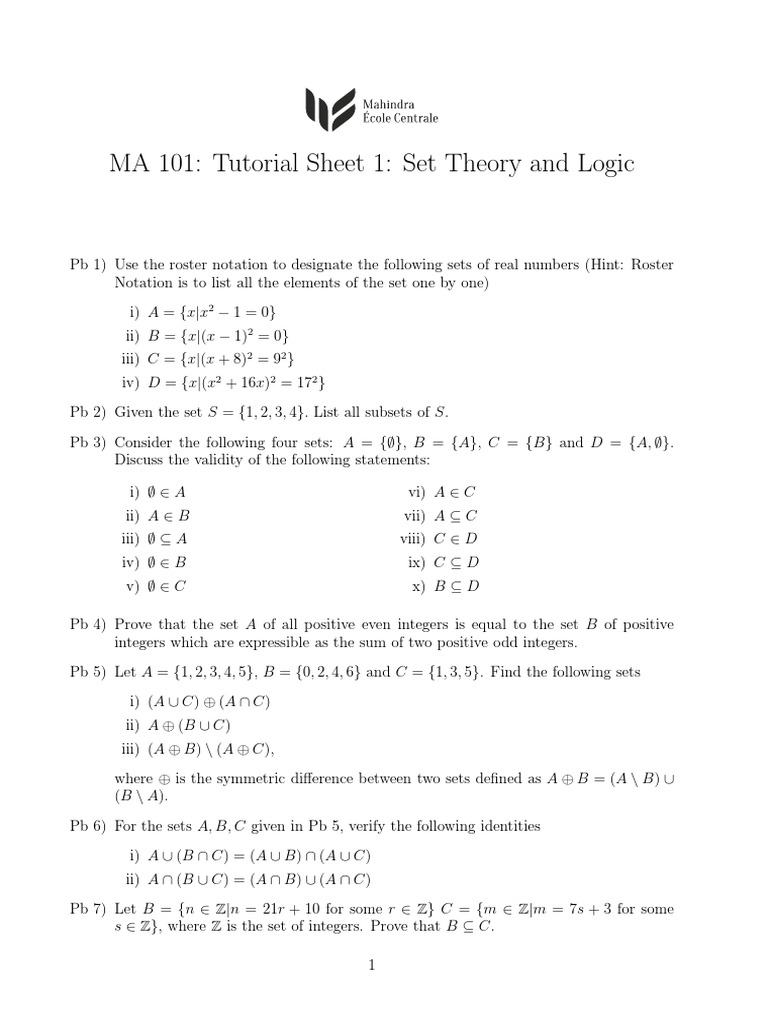 MA 101: Tutorial Sheet 1: Set Theory and Logic | PDF