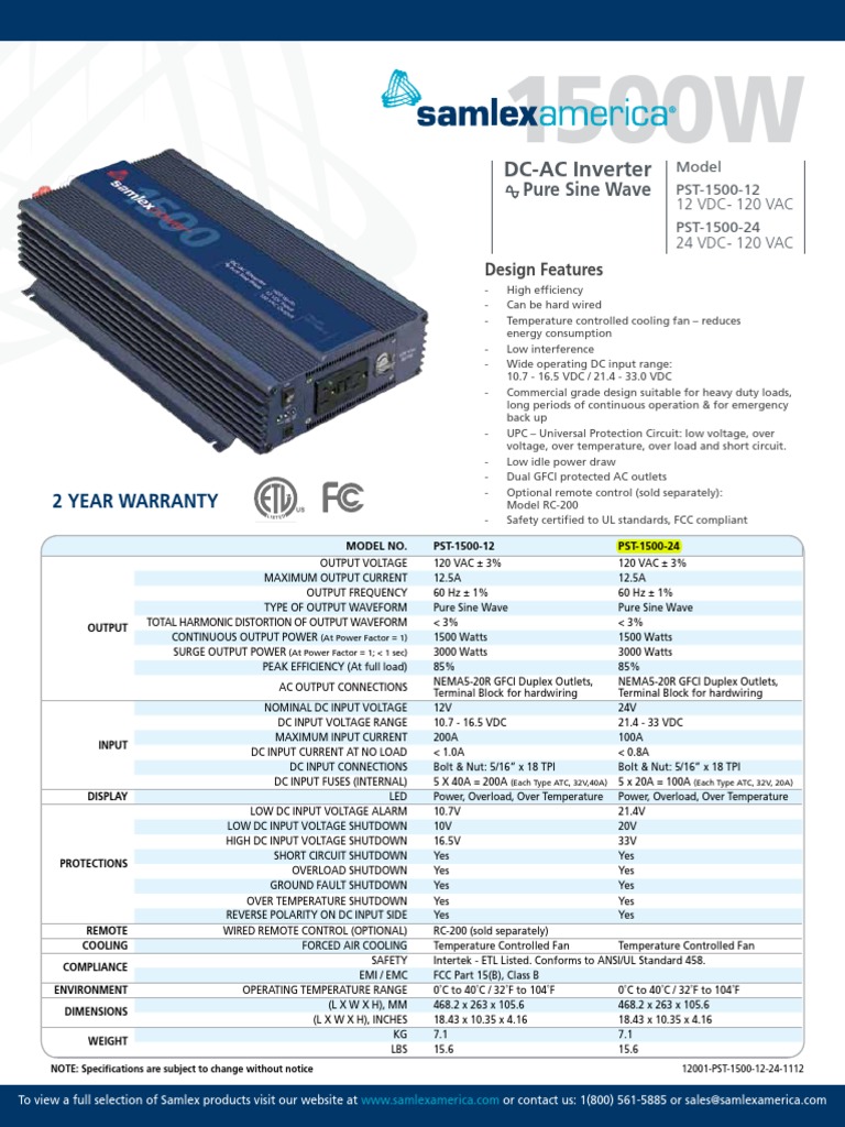 Samlex Specifications PST-24 | PDF | Power Inverter | Electrical Equipment